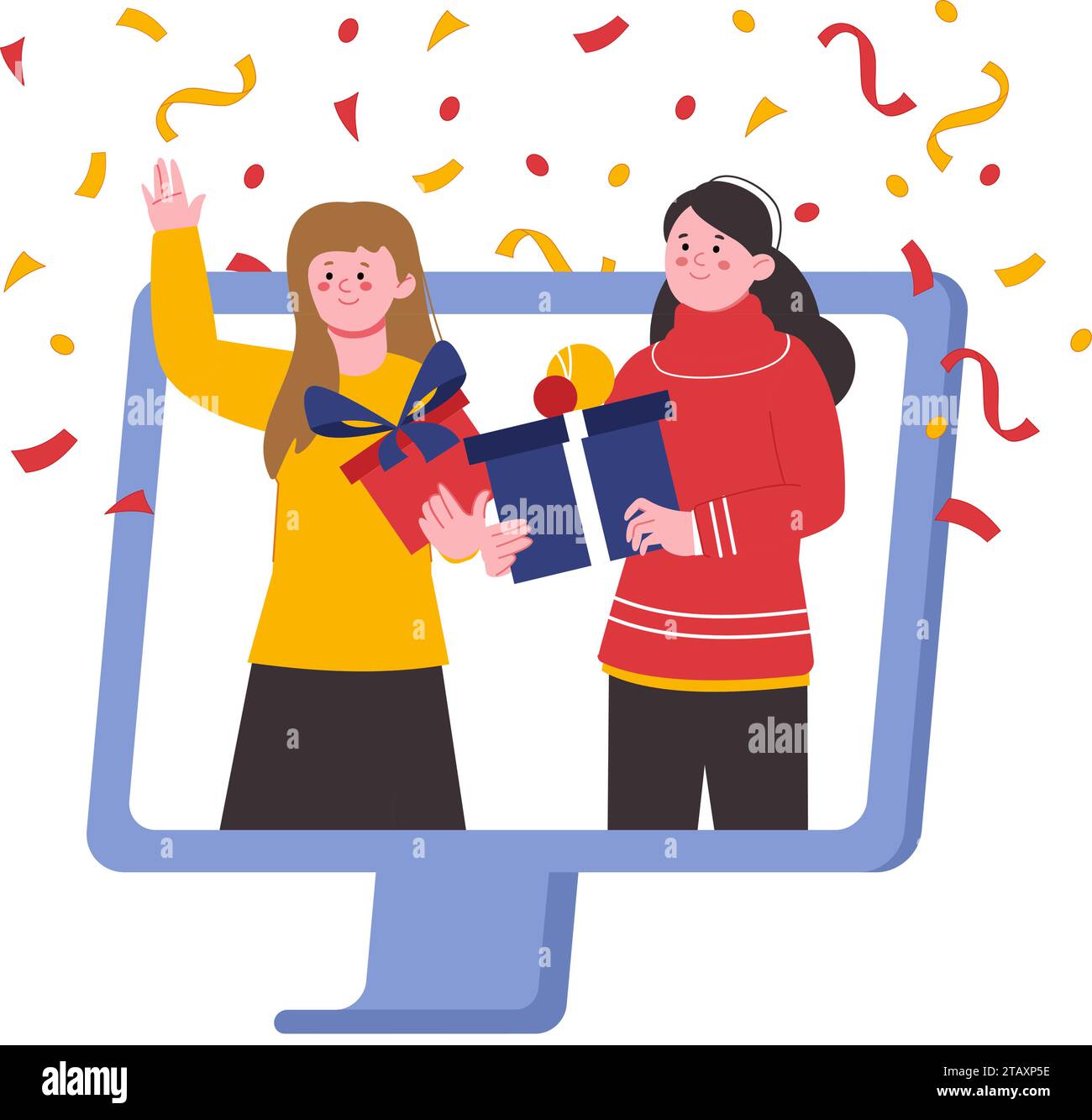 Online congratulations. Young women holding gifts and stand on computer ...