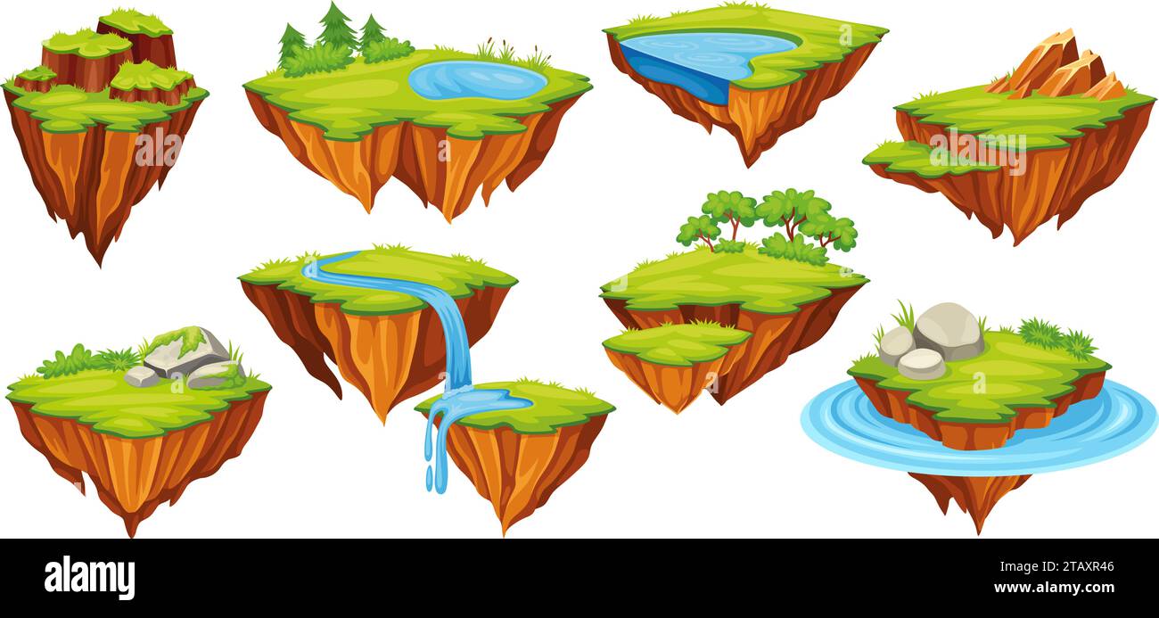 Flying ground islands. Floating land piece adventure game environment ...