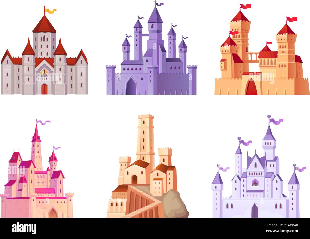 Cartoon citadels. Ancient castle fortress, historic ruins fairytale ...