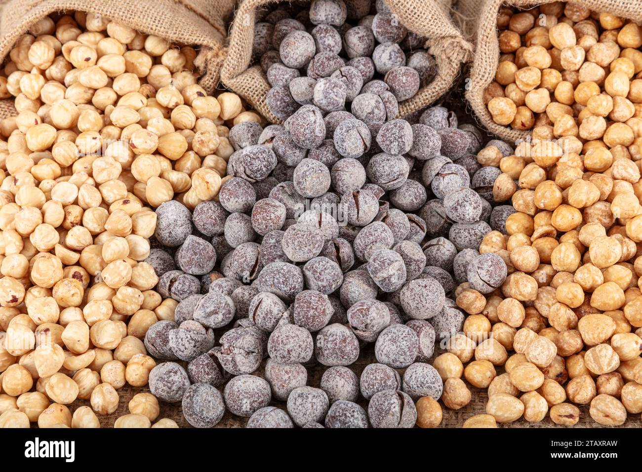 Hazelnut varieties on linen background and linen lathes. Roasted ...