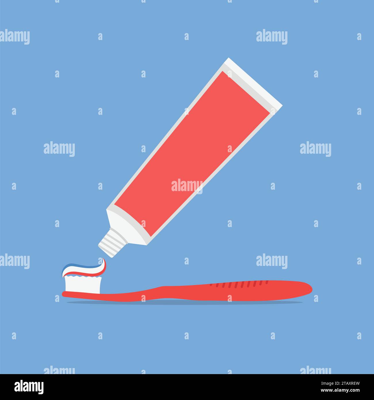 Tube of toothpaste and tooth brush in flat style isolated on blue ...