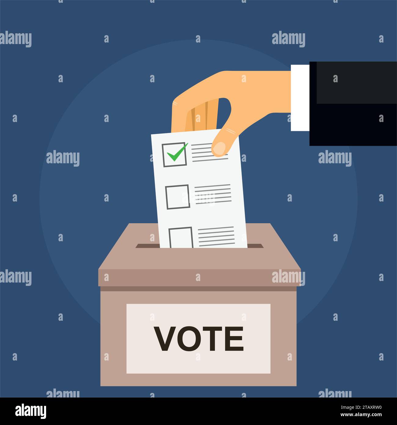 Vote for election concept on dark blue. Hand puts voting ballot in ...