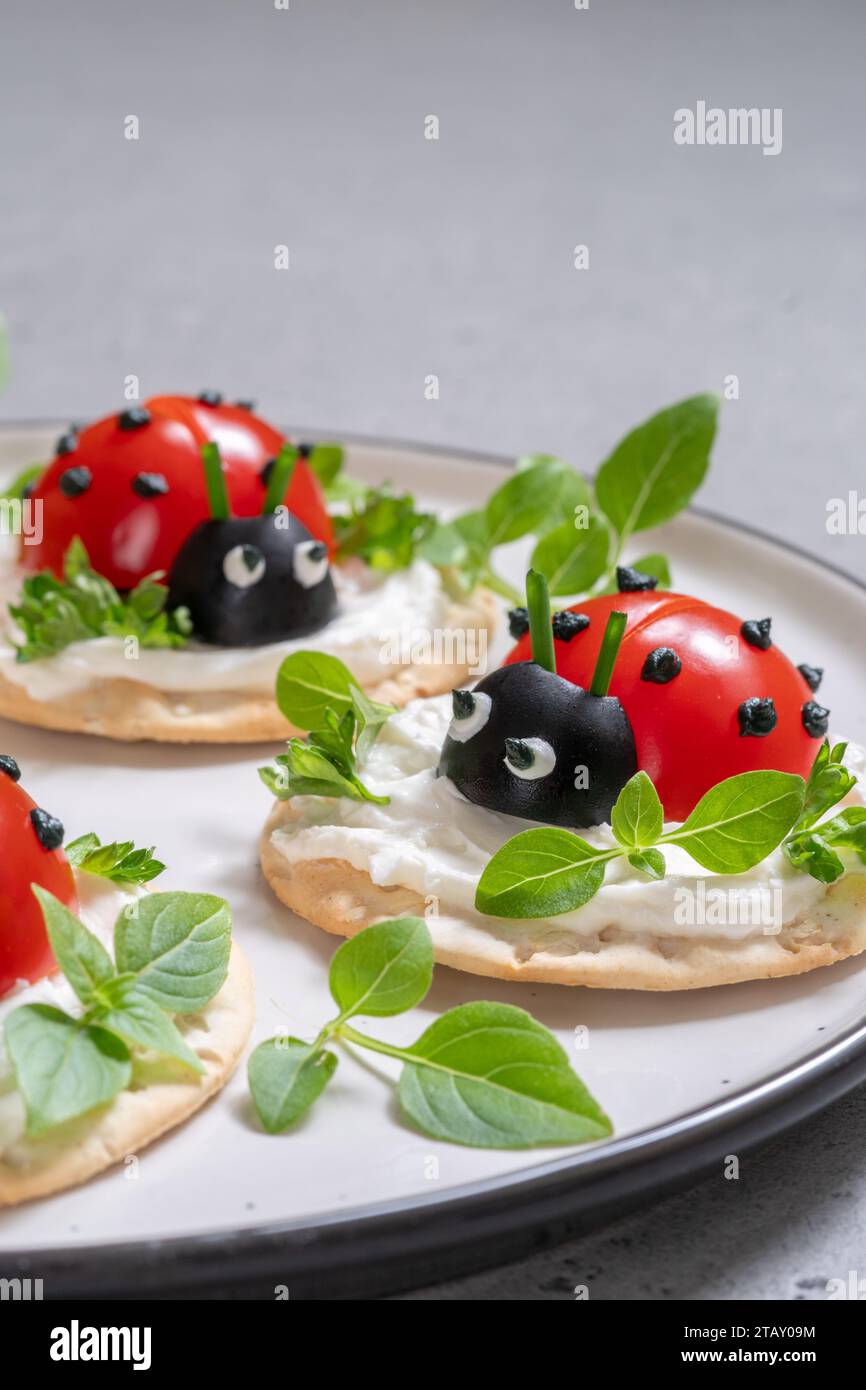 Lady bug cracker with cream cheese and tomato for summer party Stock ...
