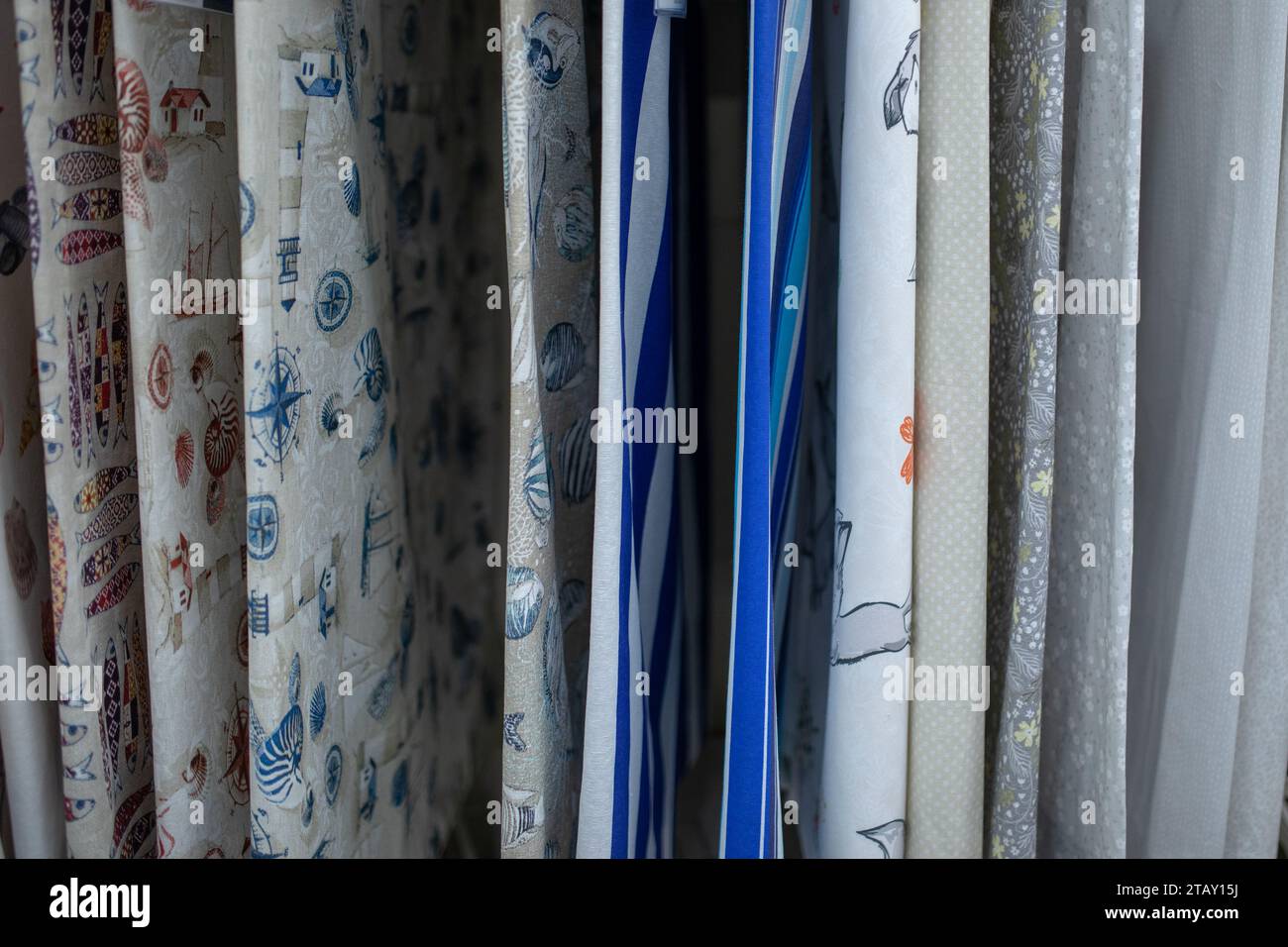 Sewing of home textiles. Fabric store, department in supermarket ...