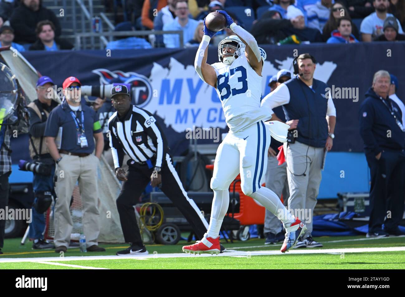 Indianapolis Colts' Kylen Granson (83) makes a catch during the first ...