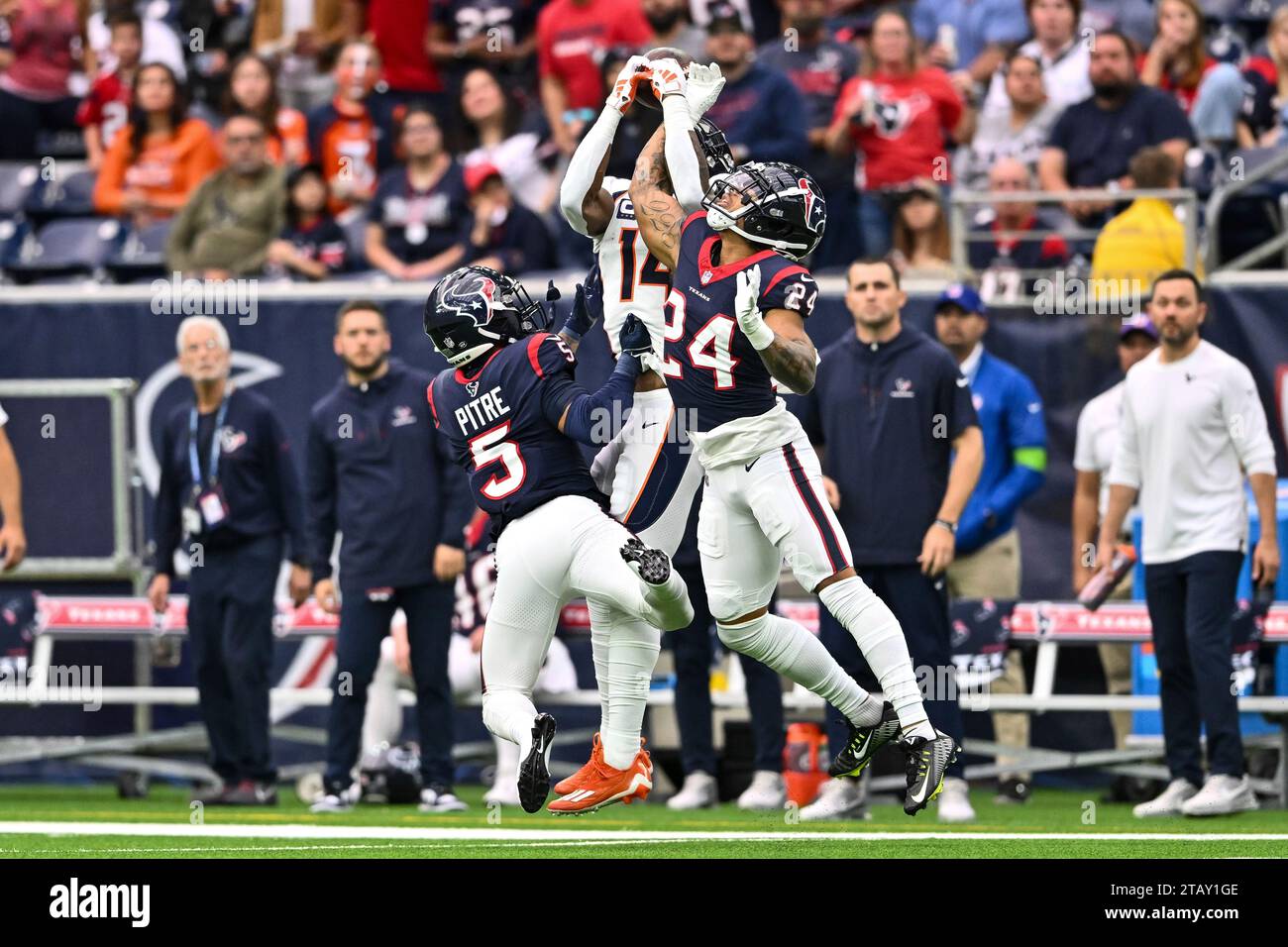 Houston Texans cornerback Derek Stingley Jr. (24) breaks up a pass intended for Denver Broncos ...