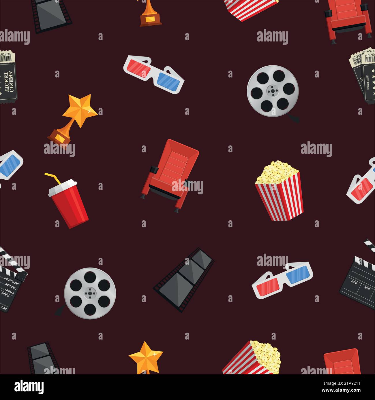 Cinema icons seamless pattern on brown background. Vector Illustration ...