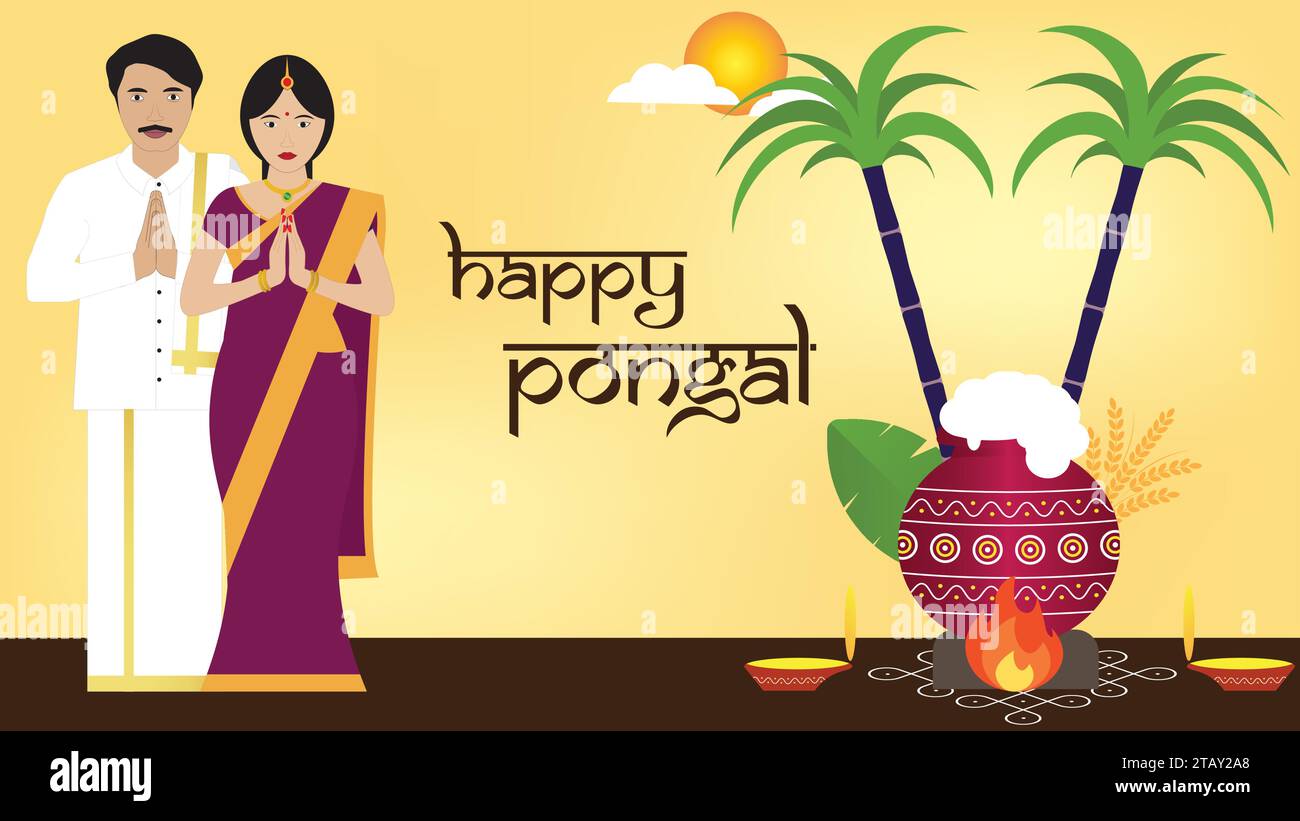 Happy Pongal wishes greeting vector illustration. Thai Pongal festival ...