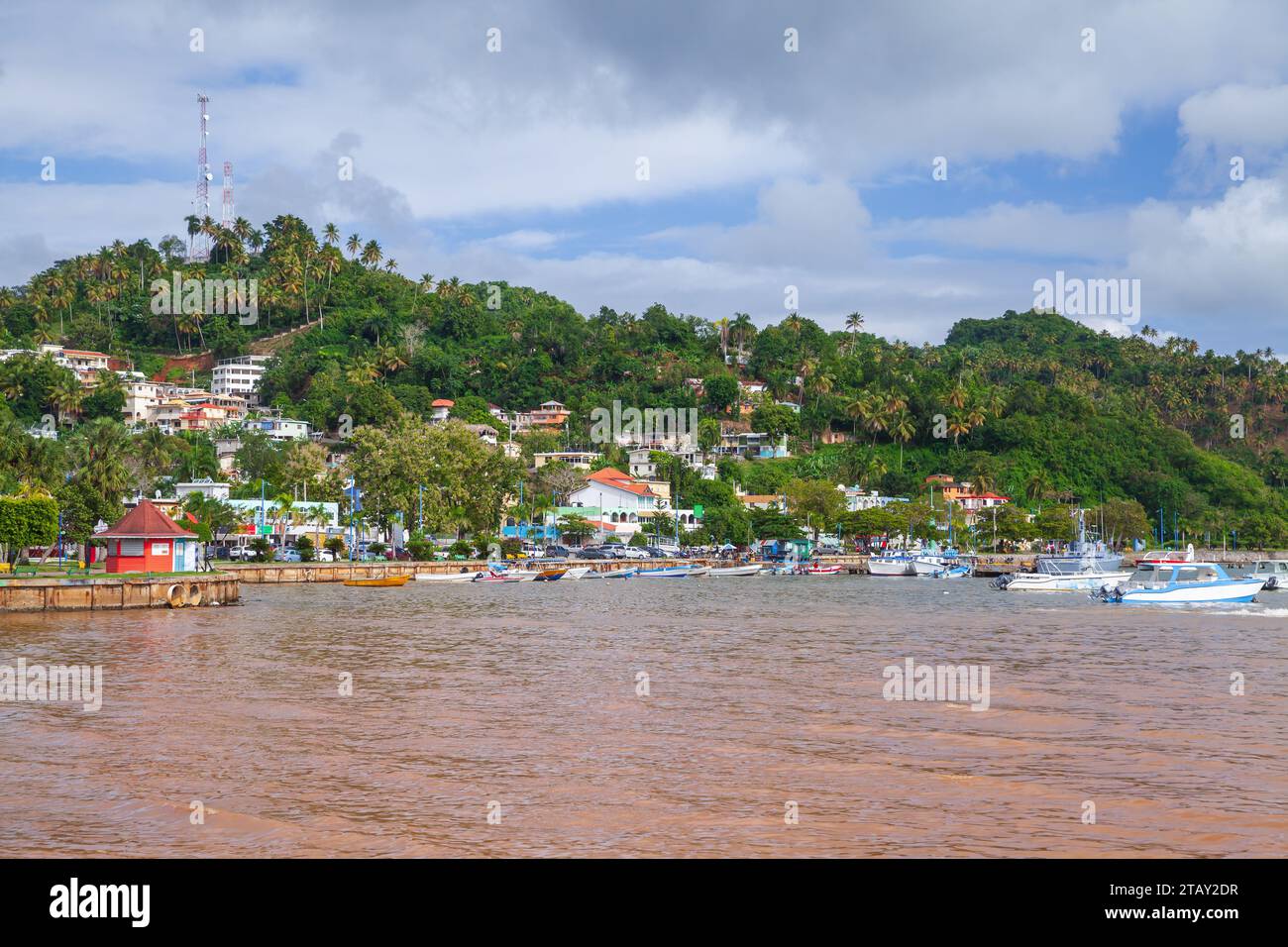 Samana bay, Dominican Republic. Seaside photo with anchored motor boats ...