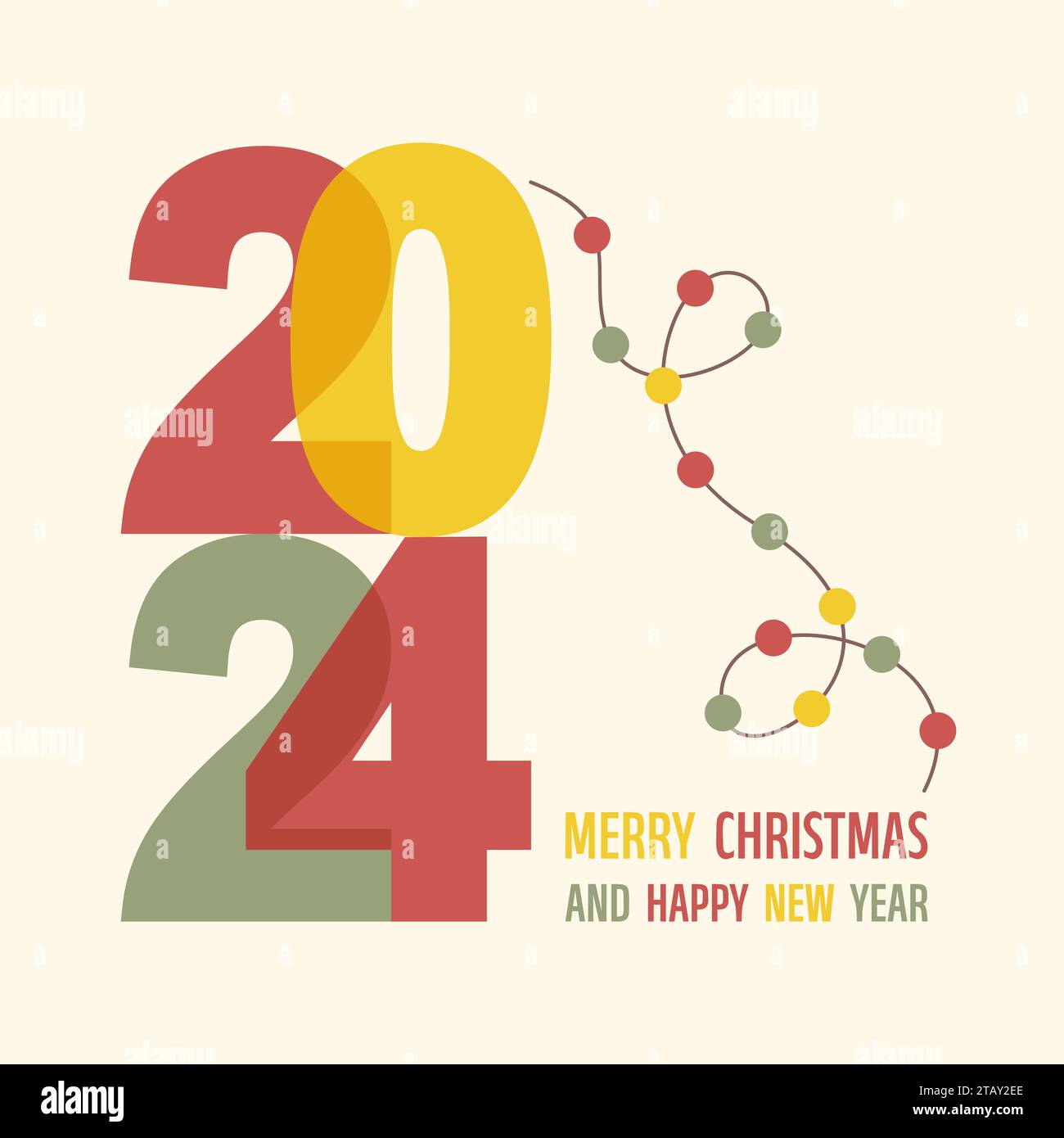 Greeting card with colorful number 2024 and Christmas garland on a ...