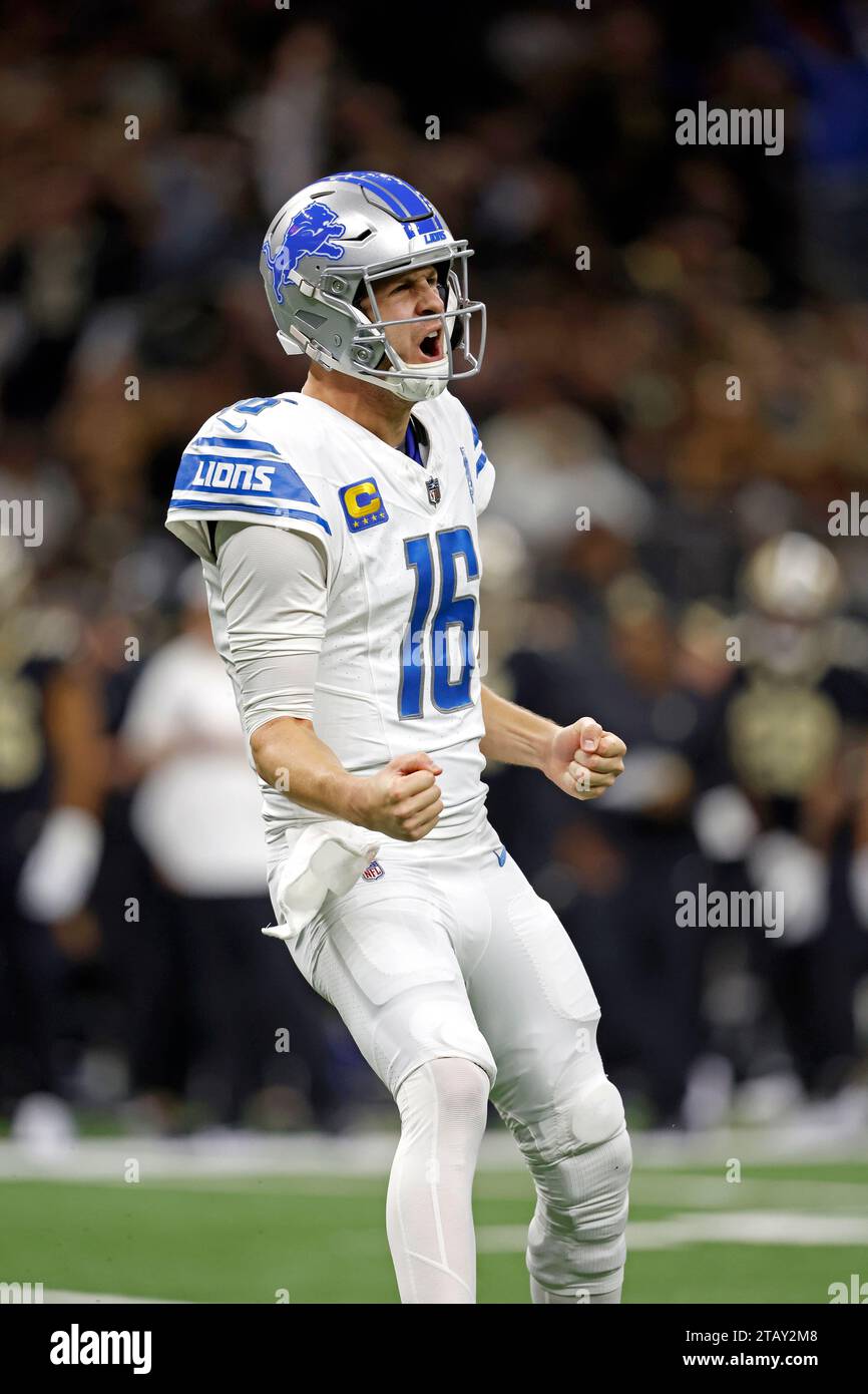 Detroit Lions quarterback Jared Goff (16) celebrates after throwing a ...