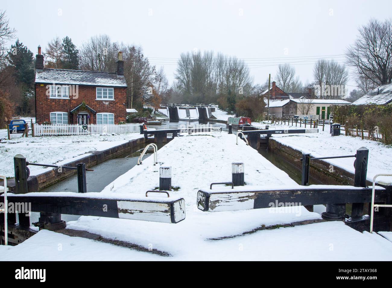 Canal locks on the Trent and Mersey canal at wheelock Cheshire after a ...