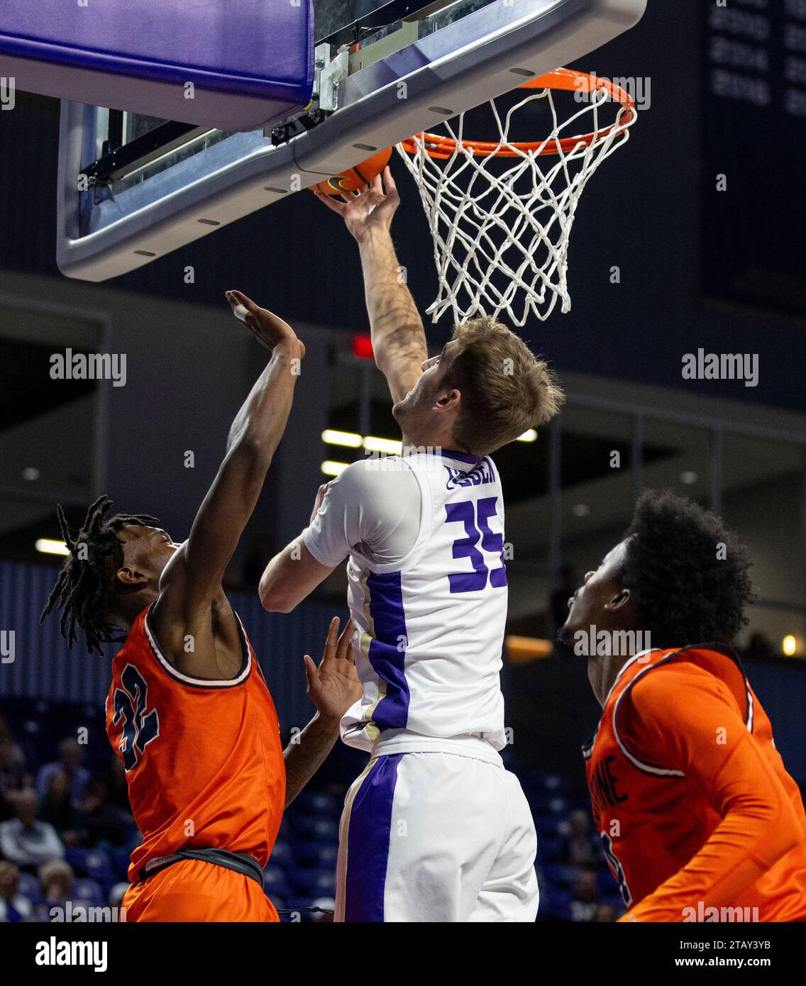 James Madison forward Shane Feden (35) goes up for a shot against ...