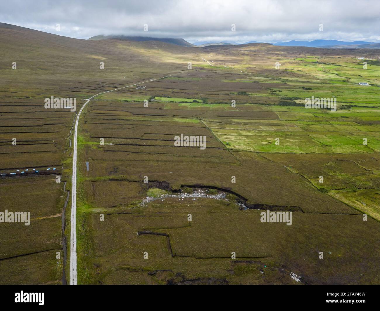 Aerial view of bogs and farm fields, Slievemore, Achill island, Mayo ...