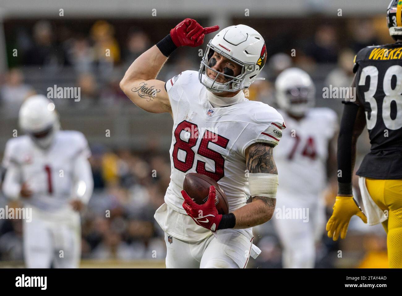 Arizona Cardinals tight end Trey McBride (85) reacts after a first down ...