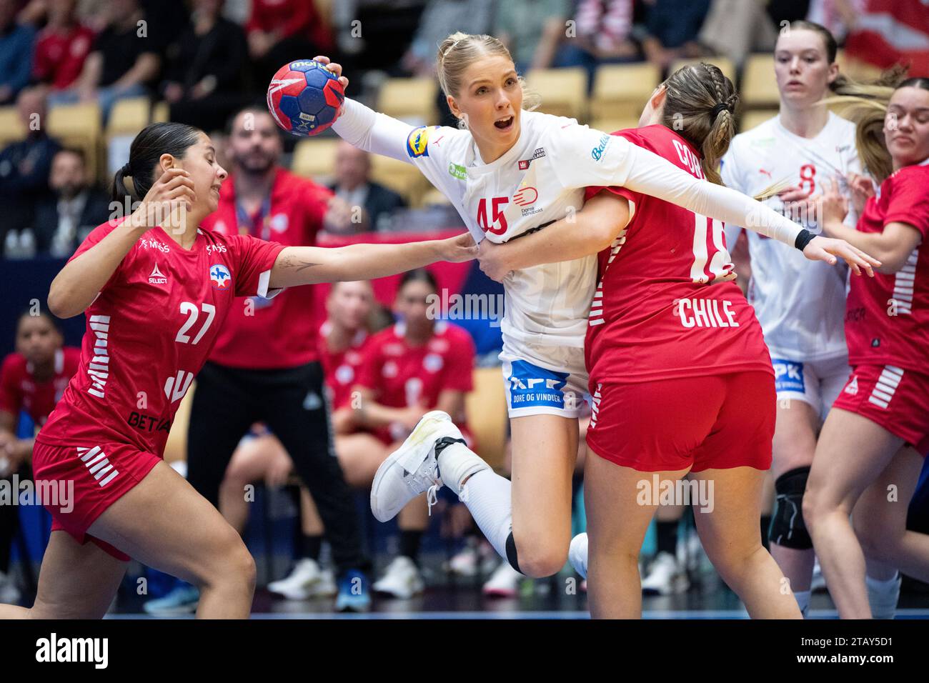 Denmark's Julie Scaglione with Chile's Maria Elena Correa Vergara and Francisca Elena Zavala ...