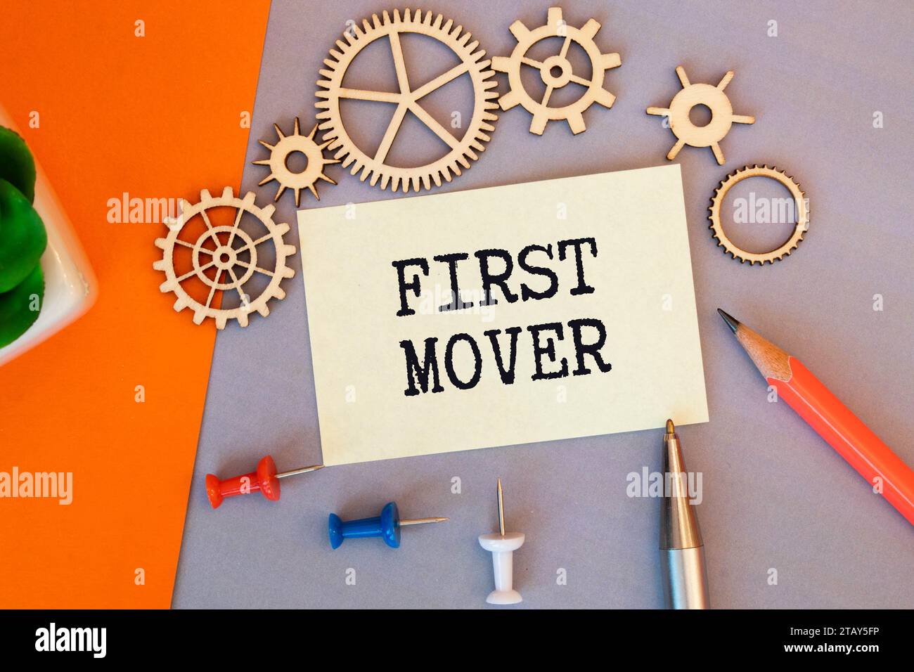 Text first mover on the short note texture background Stock Photo - Alamy