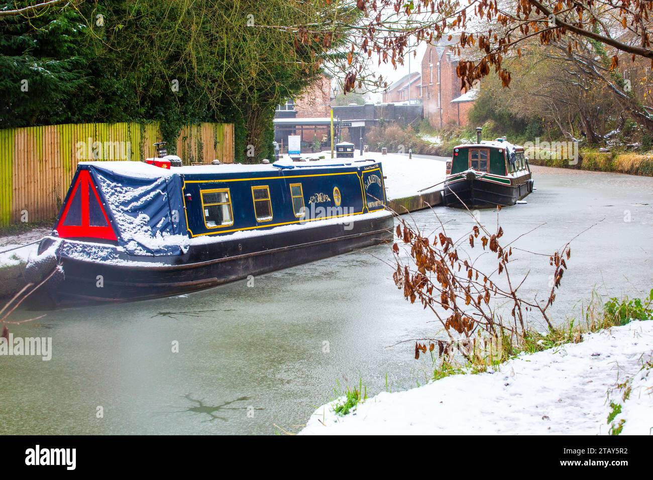 Canal narrowboats moored on the Trent and Mersey canal at wheelock ...