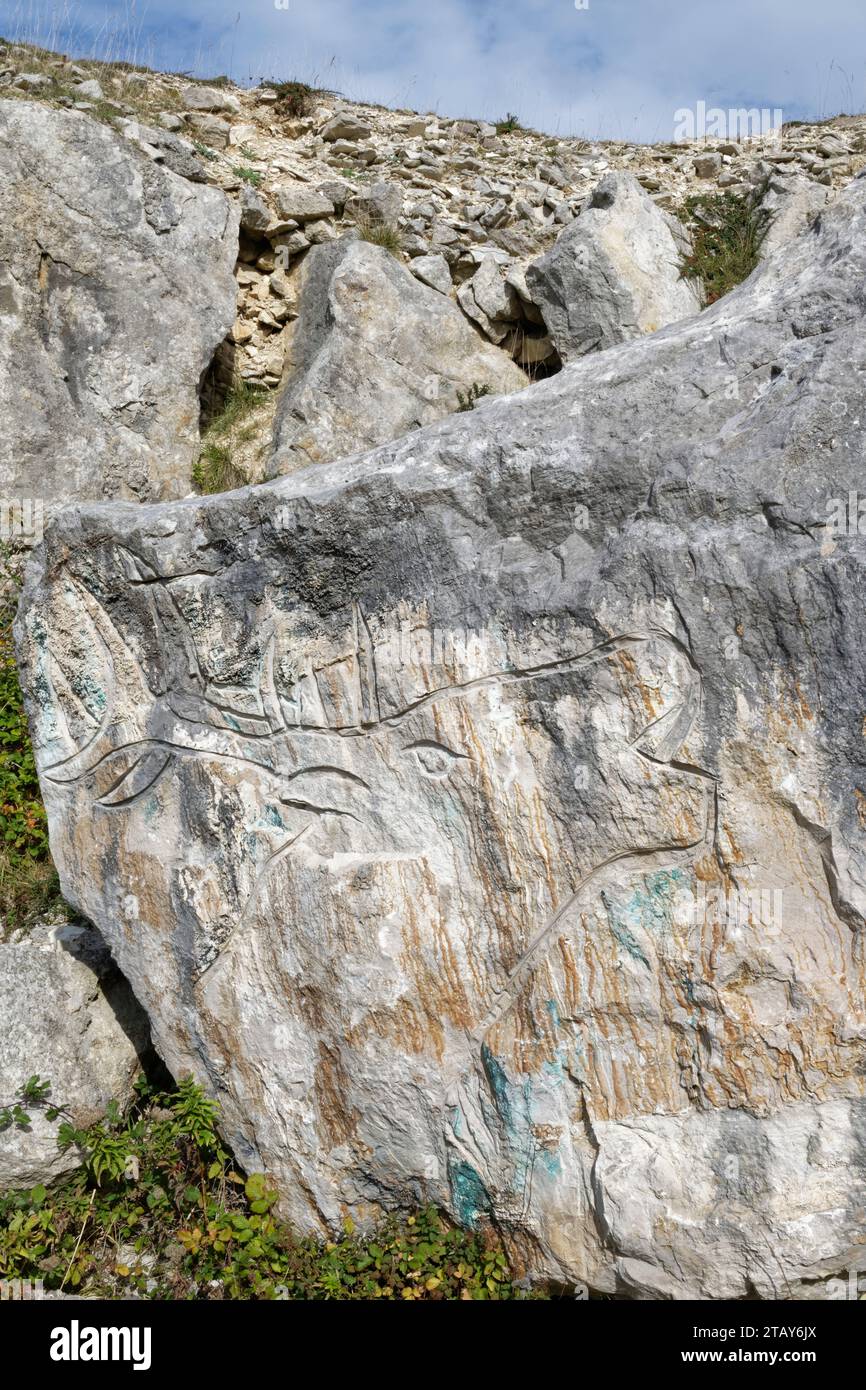 Deer stag carved in Portland Stone at Tout Quarry Sculpture Park, Isle ...