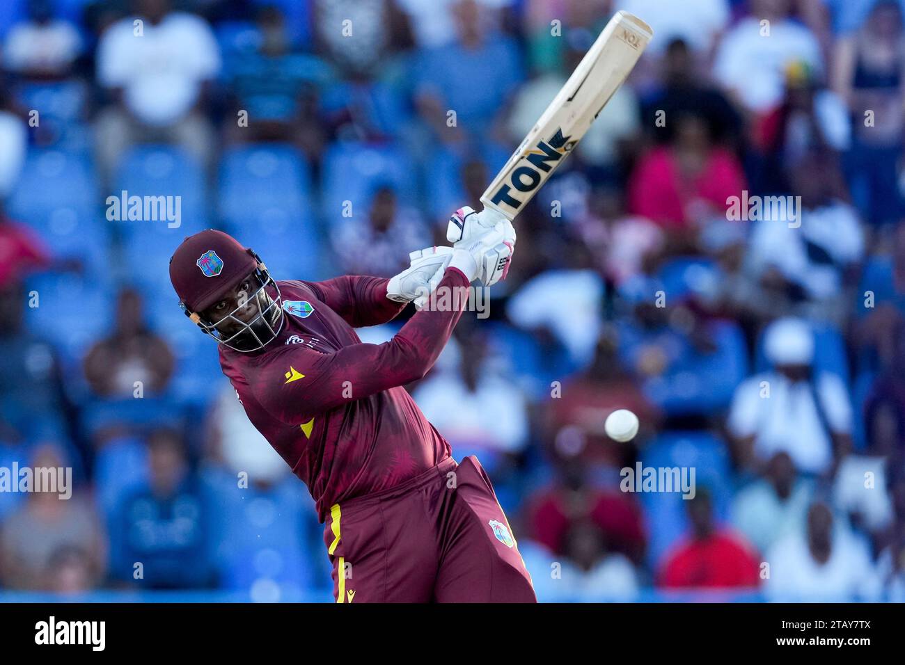 West Indies' Romario Shepherd plays a shot against England during the ...