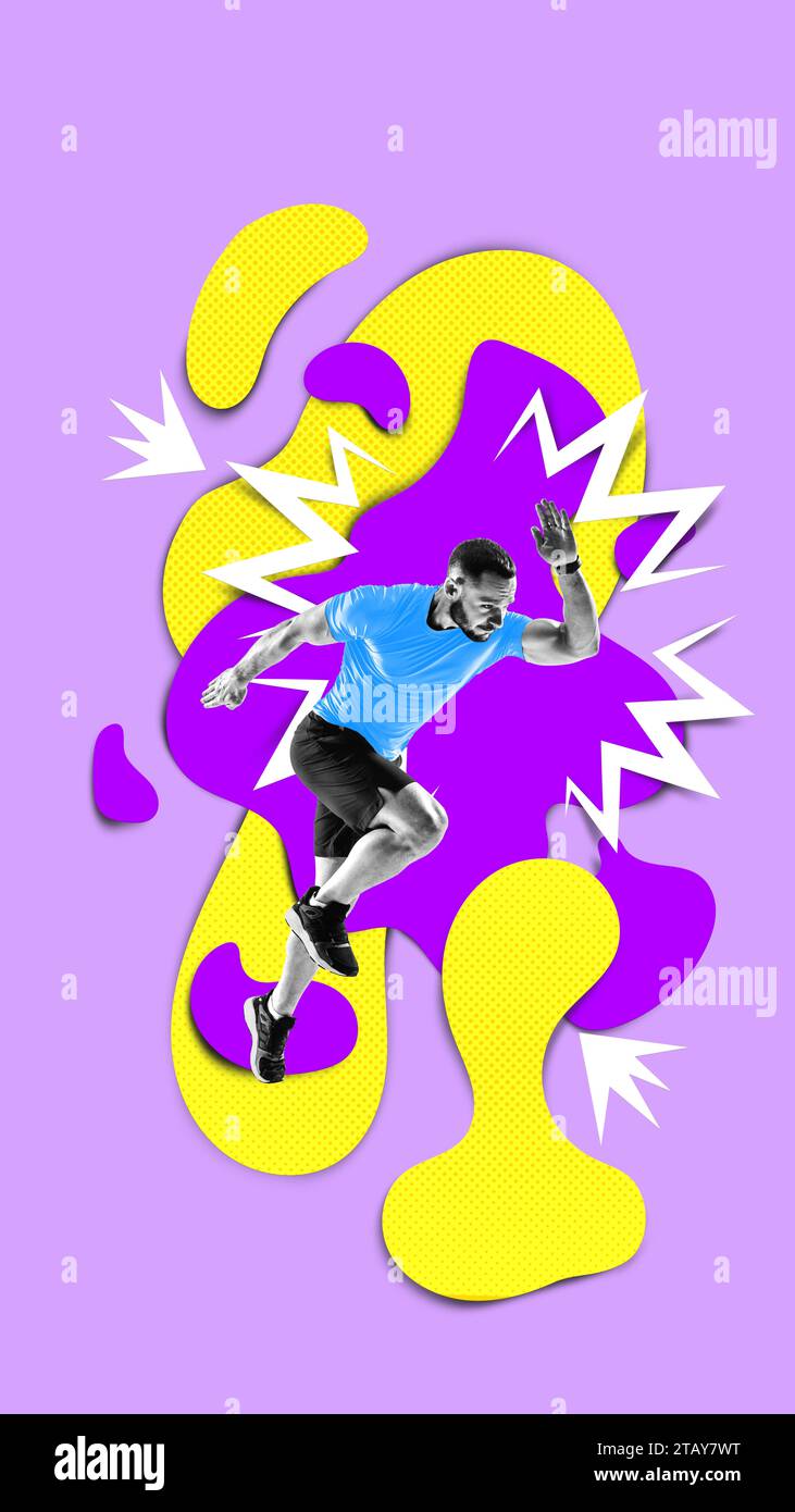 Athletic young man, runner in motion, running marathon, training over ...