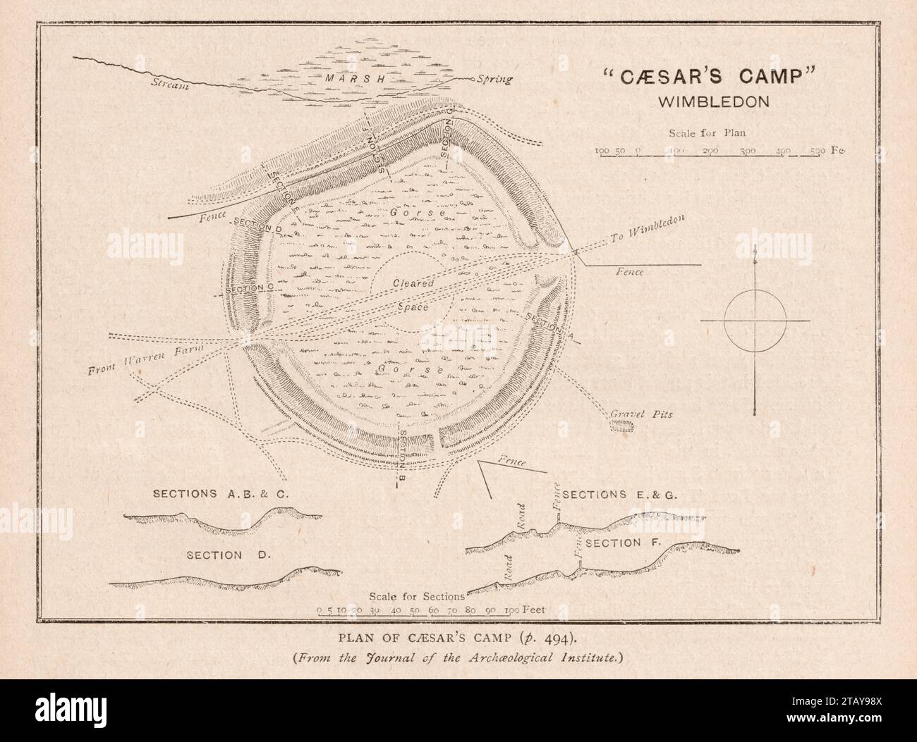 Engraving of a plan of an Iron Age hill fort known as Caesar’s Camp ...