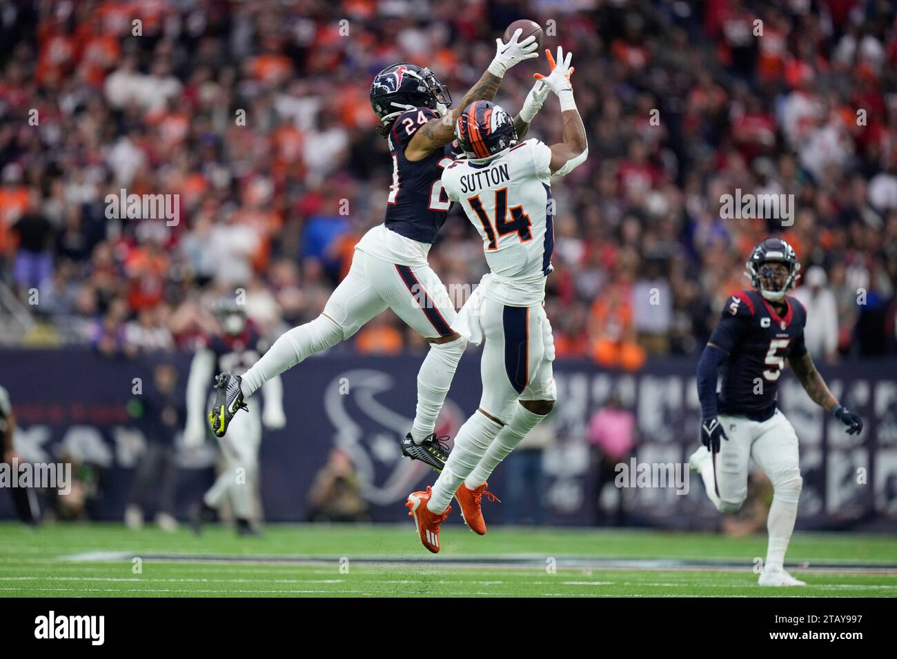 Houston Texans cornerback Derek Stingley Jr. (24) intercepts a pass intended for Denver Broncos ...