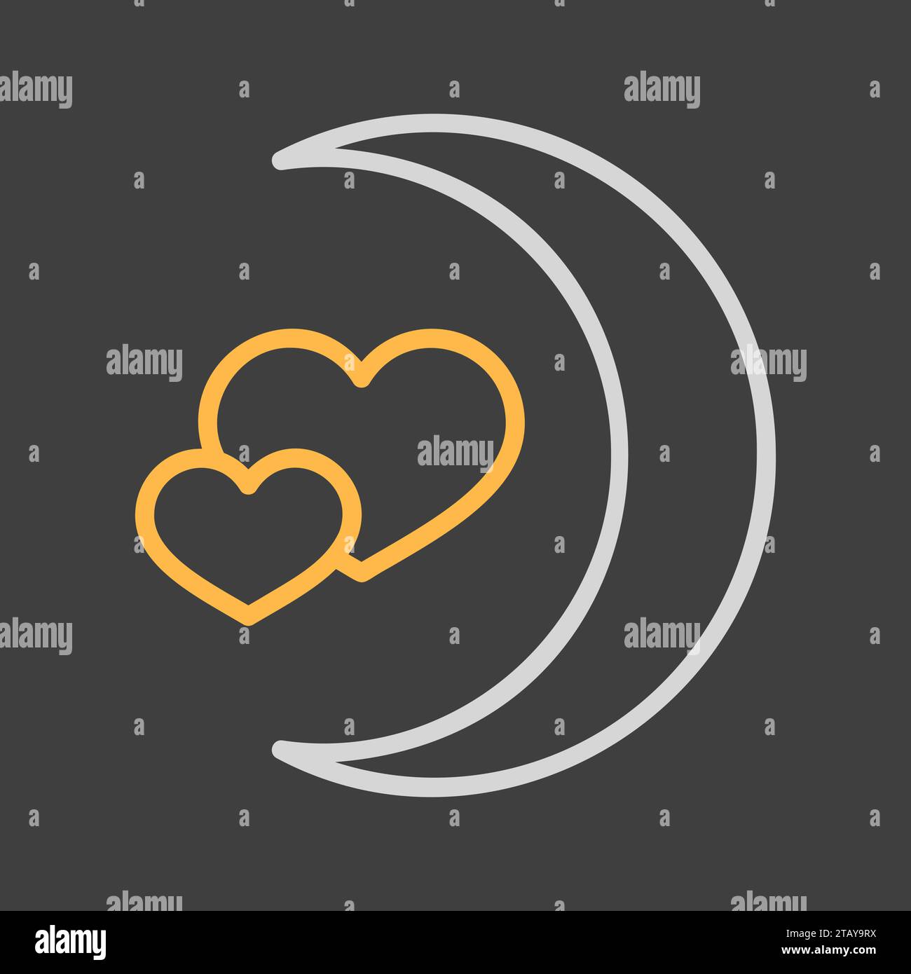 Crescent moon with heart shaped stars isolated on dark background icon ...