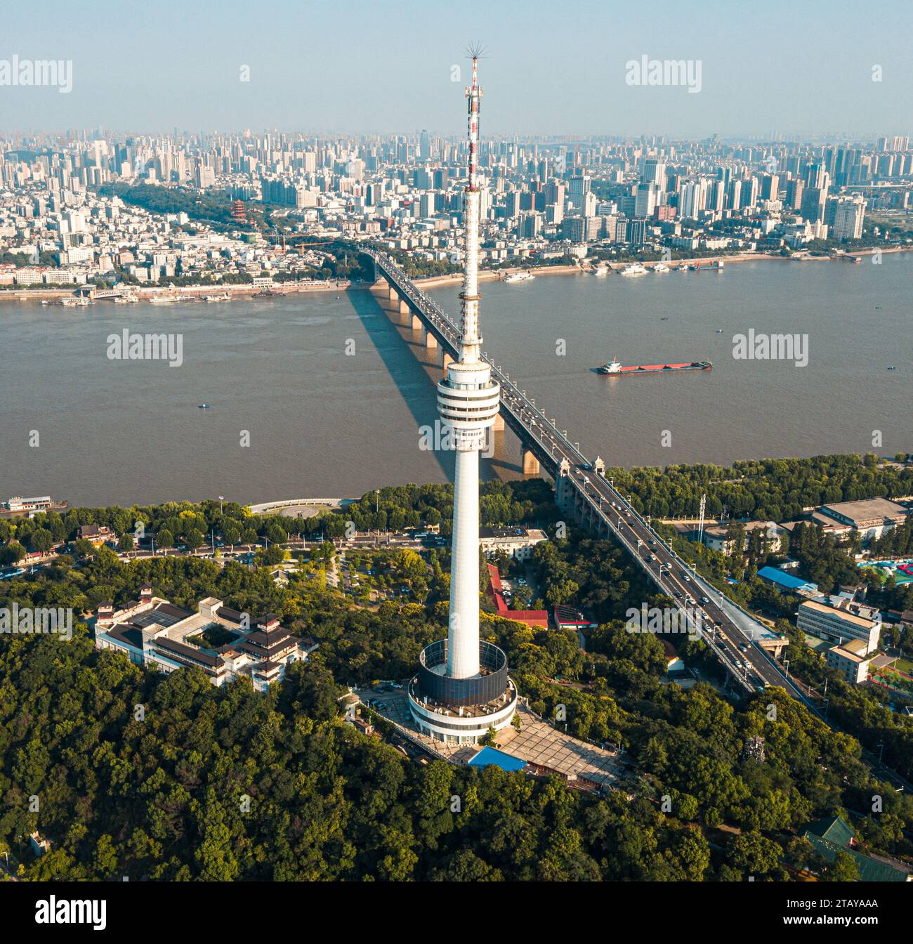 Scenic aerial view of A 200 meter TV tower built on the top of Guishan ...