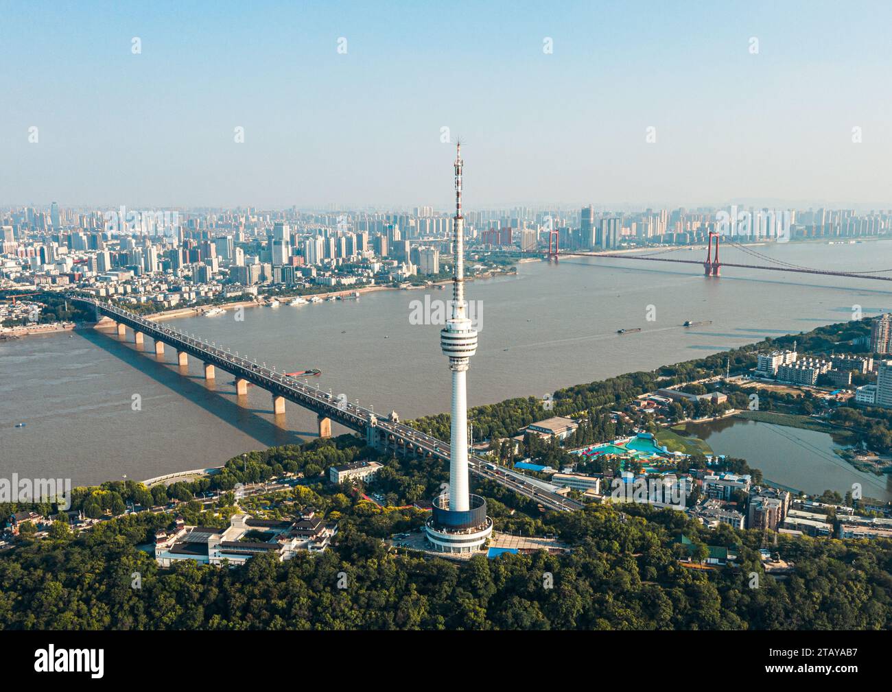 Scenic aerial view of A 200 meter TV tower built on the top of Guishan ...