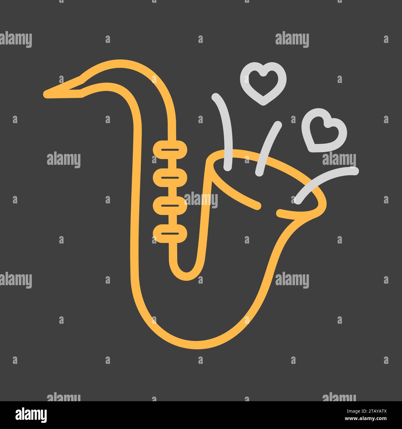 Cute saxophone and blowing hearts isolated on dark background icon ...