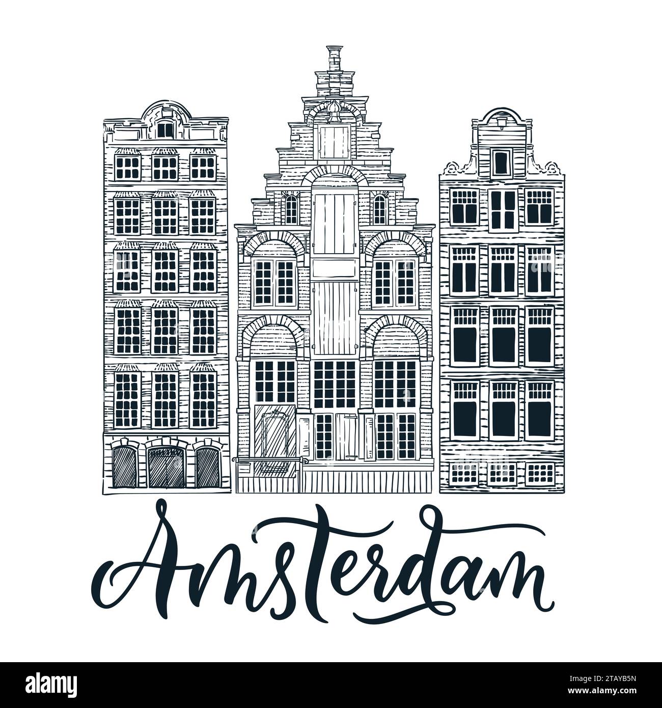 Amsterdam old city buildings and hand drawn calligraphy lettering ...