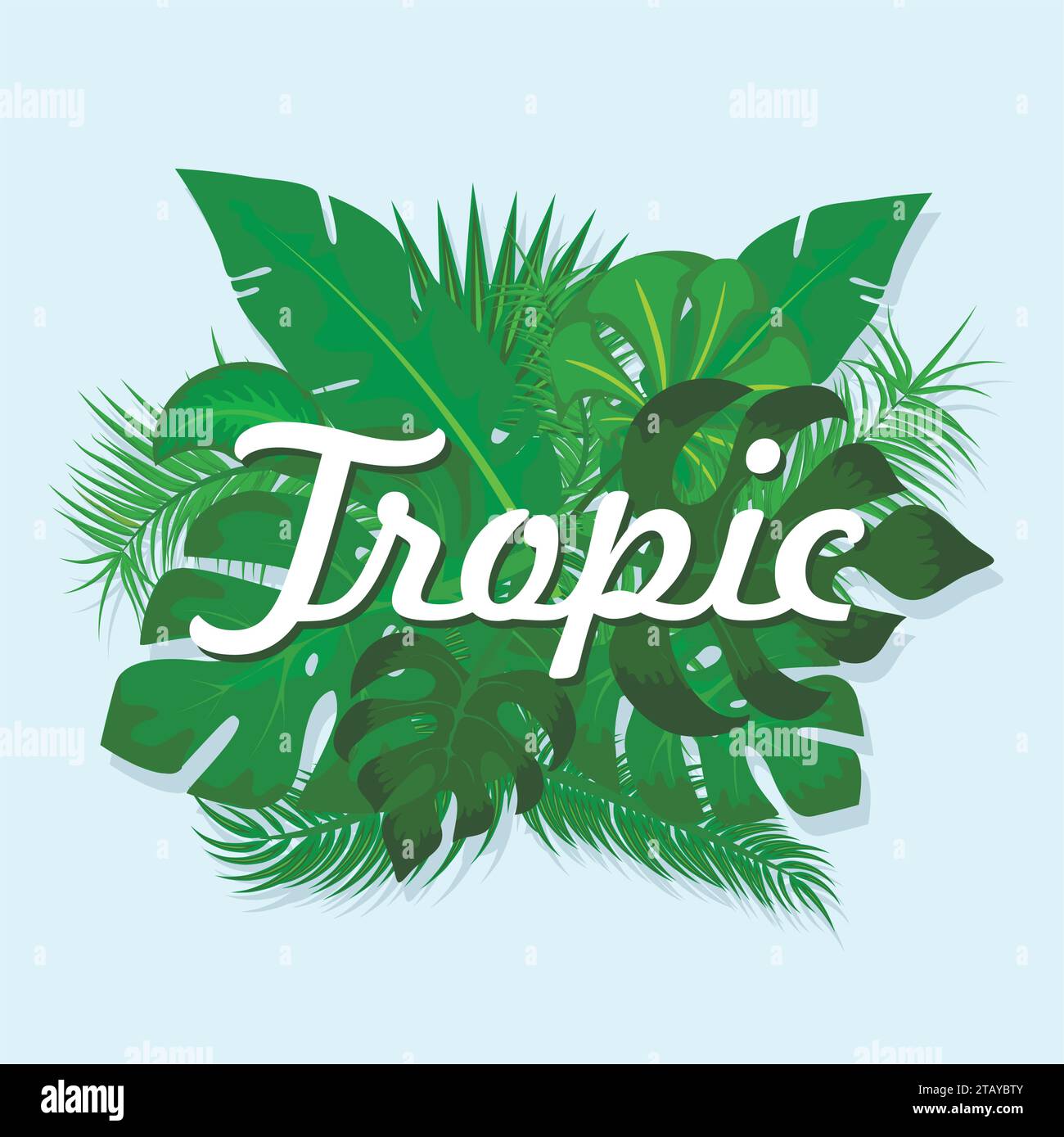 Palm leaves and jungle plants with tropic text isolated on light blue ...