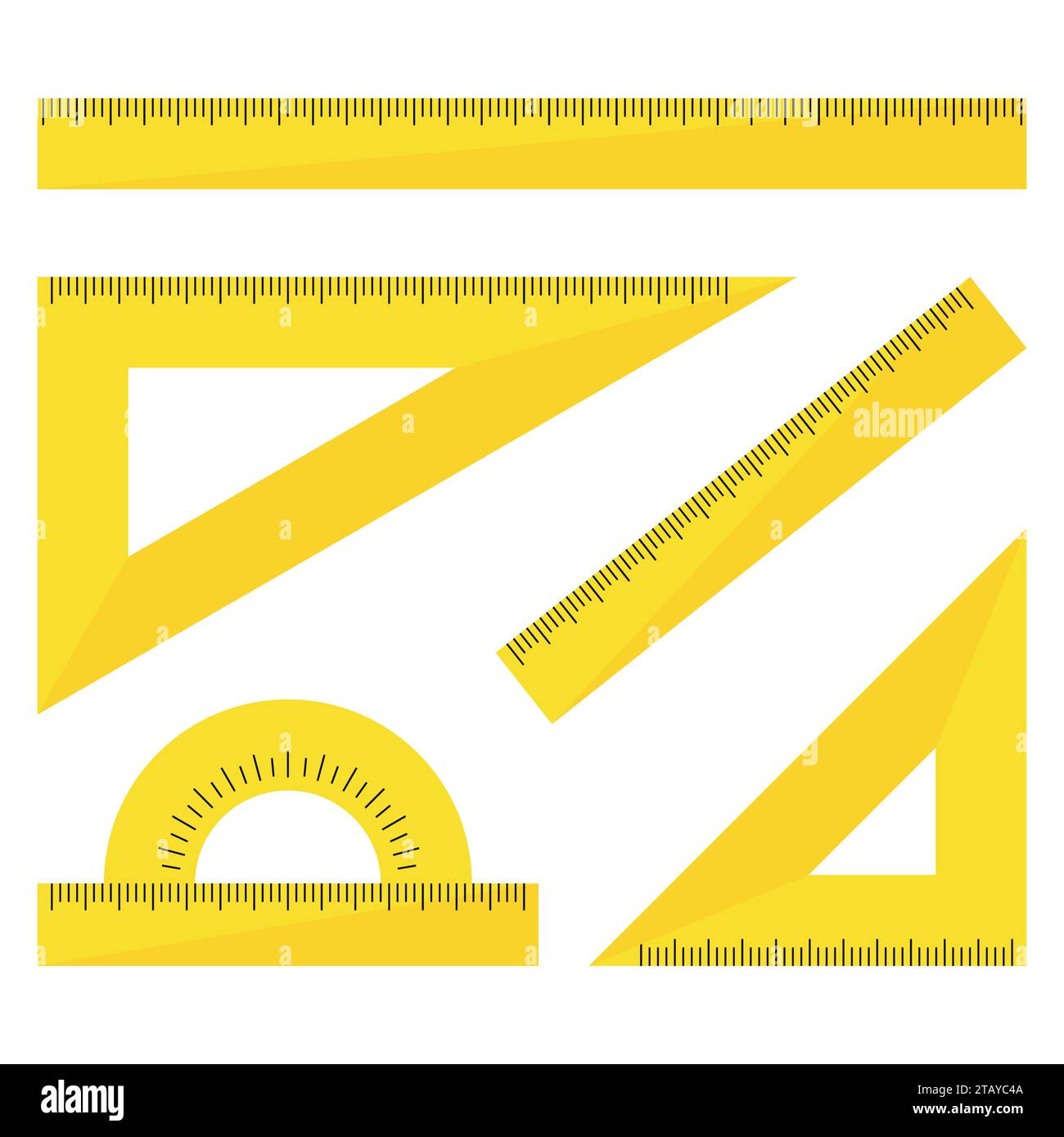 Set of yellow plastic rulers isolated on white background. Ruler, triangle ruler, protractor for ...