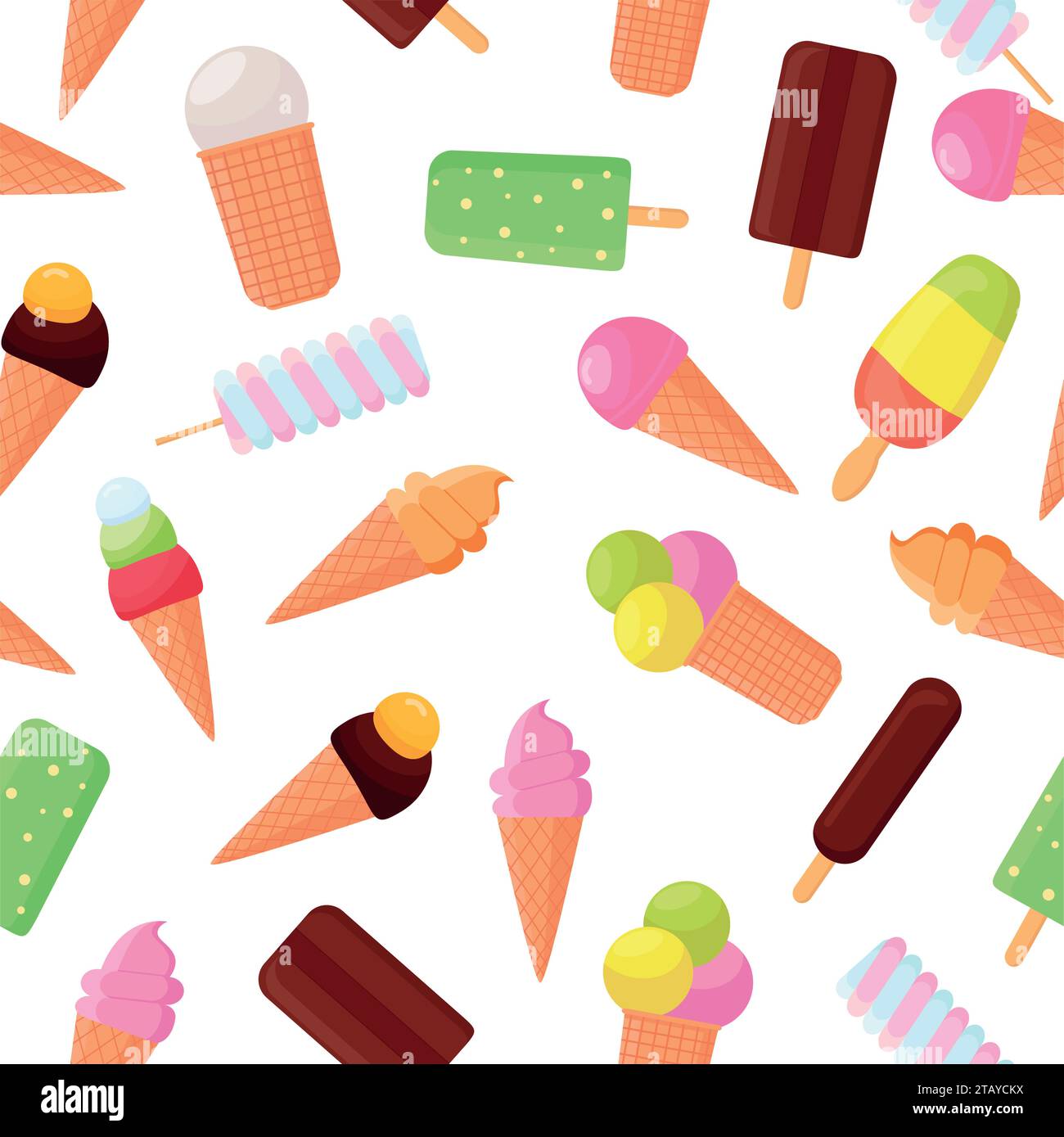 Colorful ice cream seamless pattern on white background. Collection ice-cream cones and popsicle ...