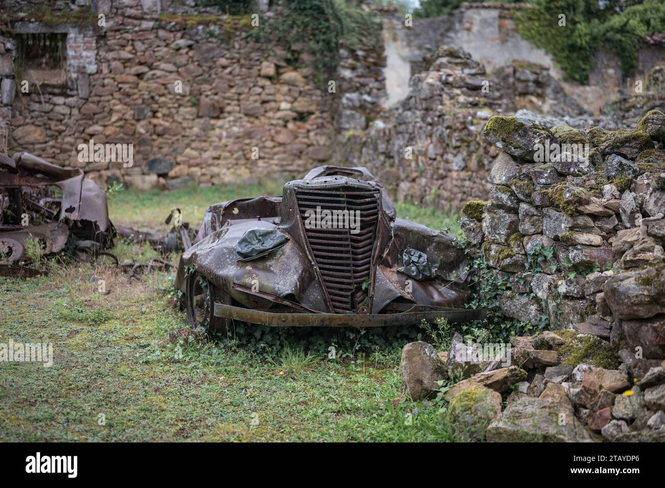 Detail of the remains of an old historic Renault Primaquatre vehicle ...