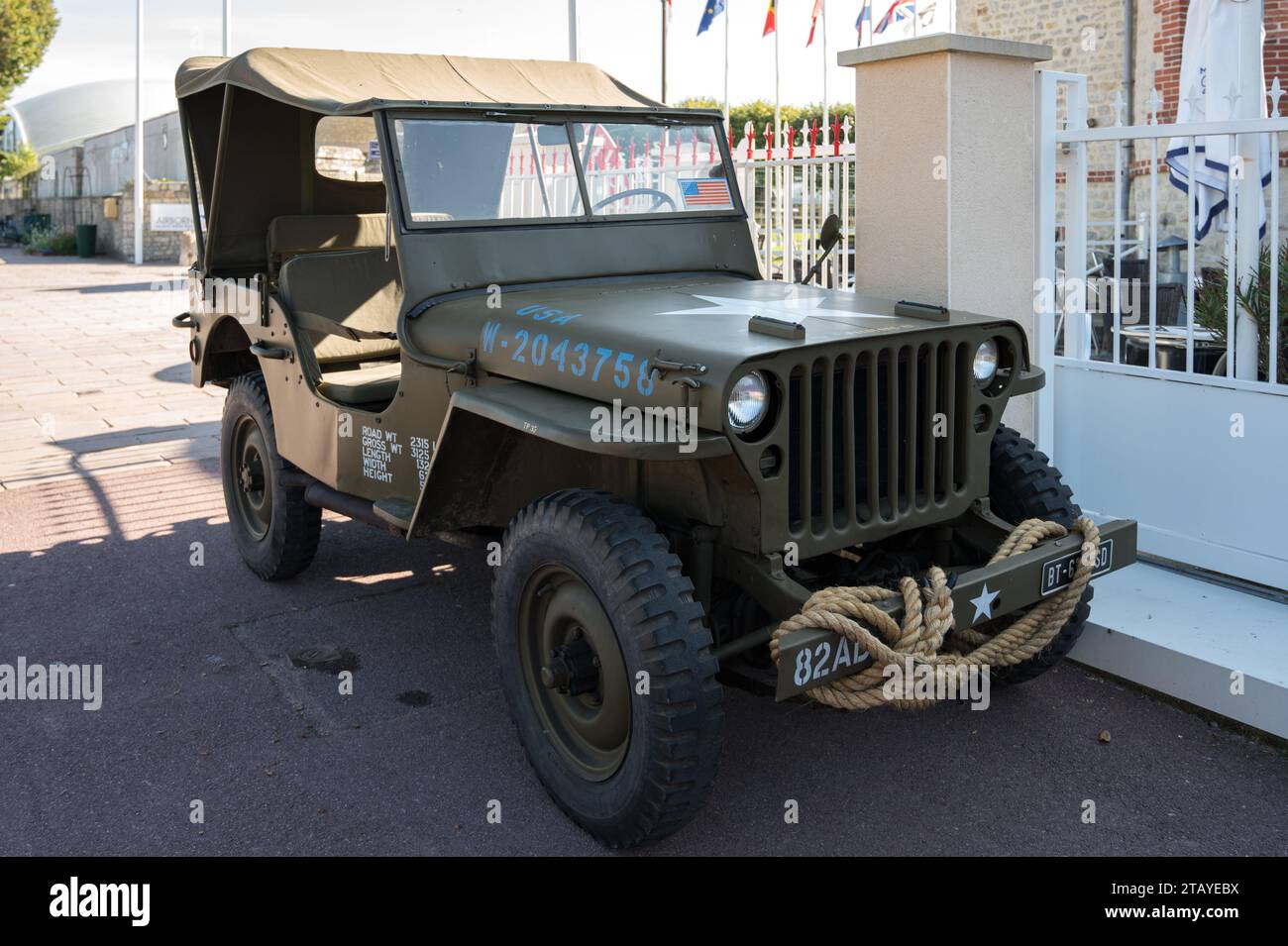 front view of an original WWII American Willys Jeep parked on the ...