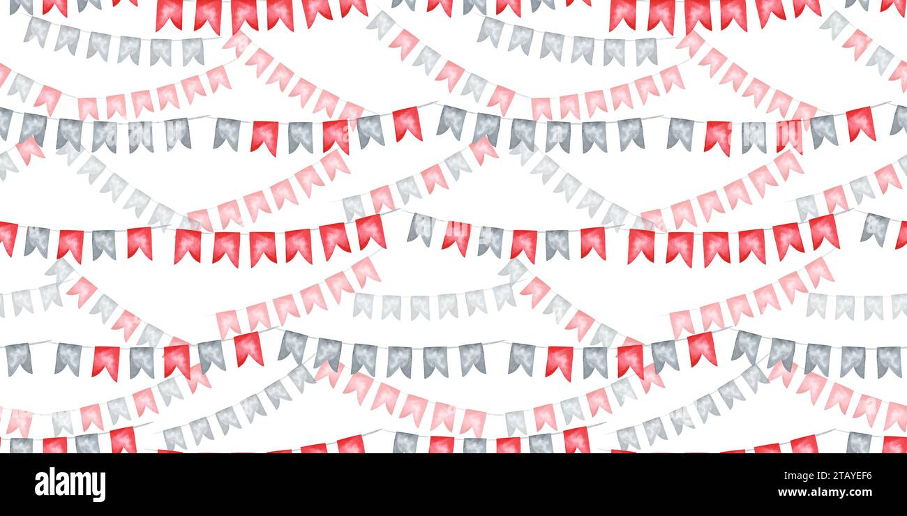 Watercolor illustration collection of red and grey flag buntings ...