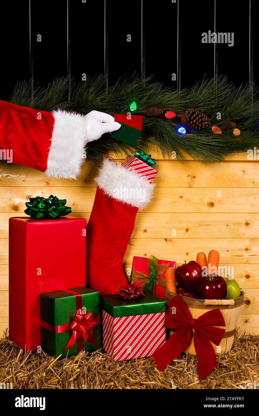 Equine Christmas, Santa Claus holding two blank ghift Cards over ...