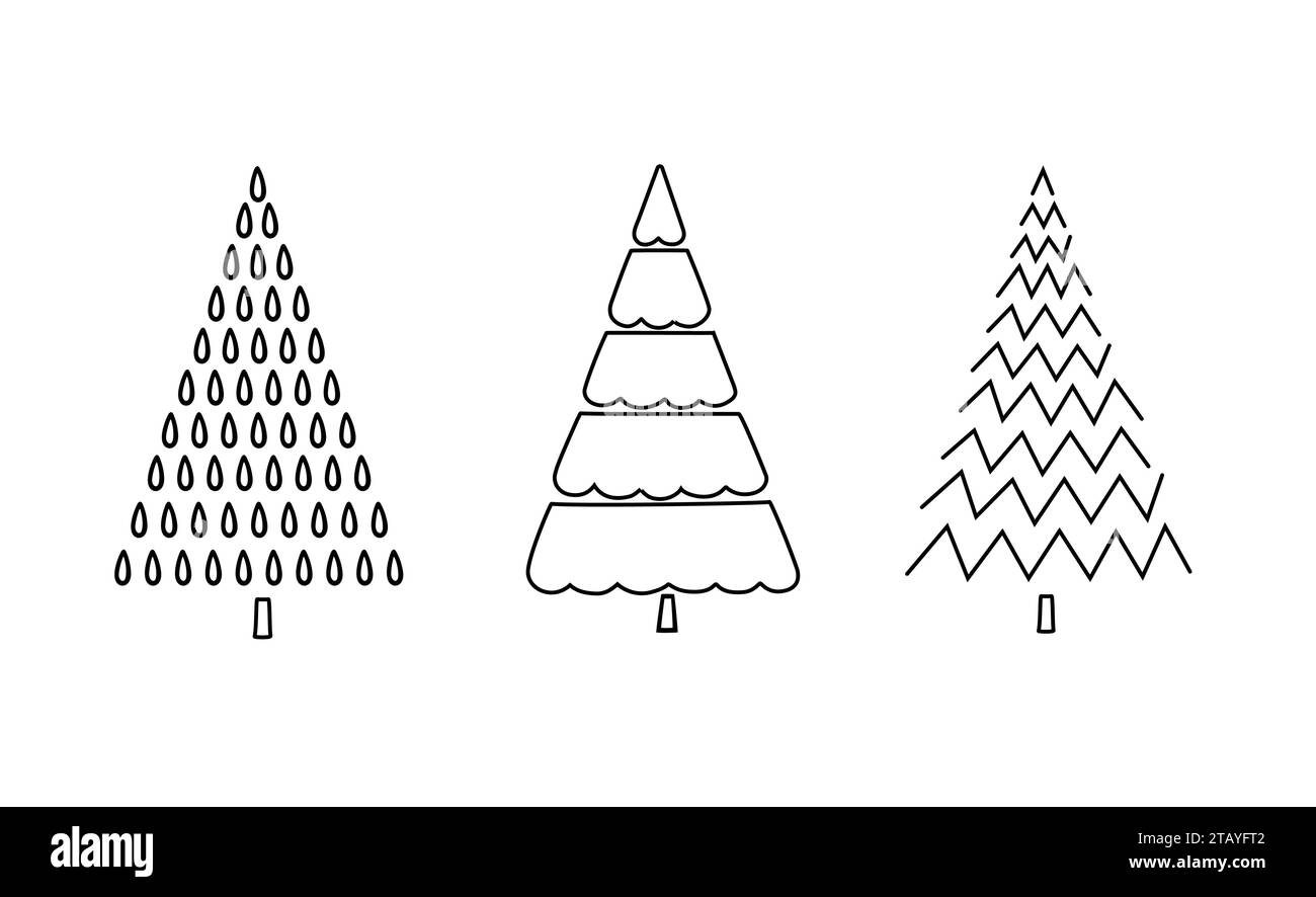 Christmas tree set simple hand drawn outline doodle vector illustration ...