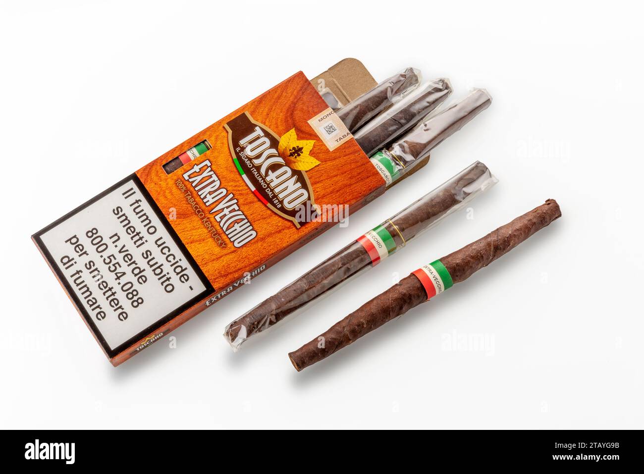 Italy - december 01, 2023: Box of Toscano cigars Extra Vecchio opened ...