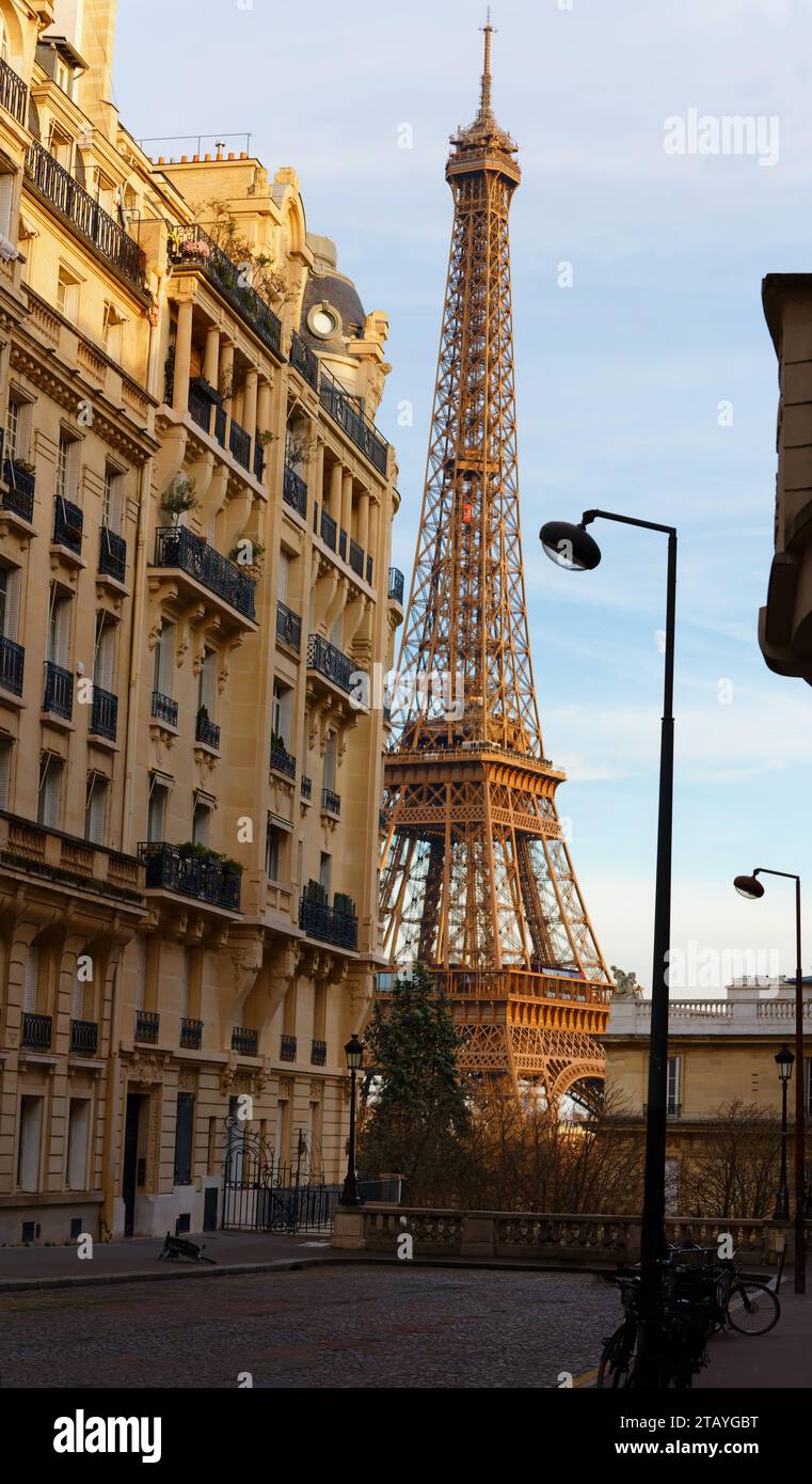 View of Eiffel Tower on street in Paris. Eiffel Tower is an ...