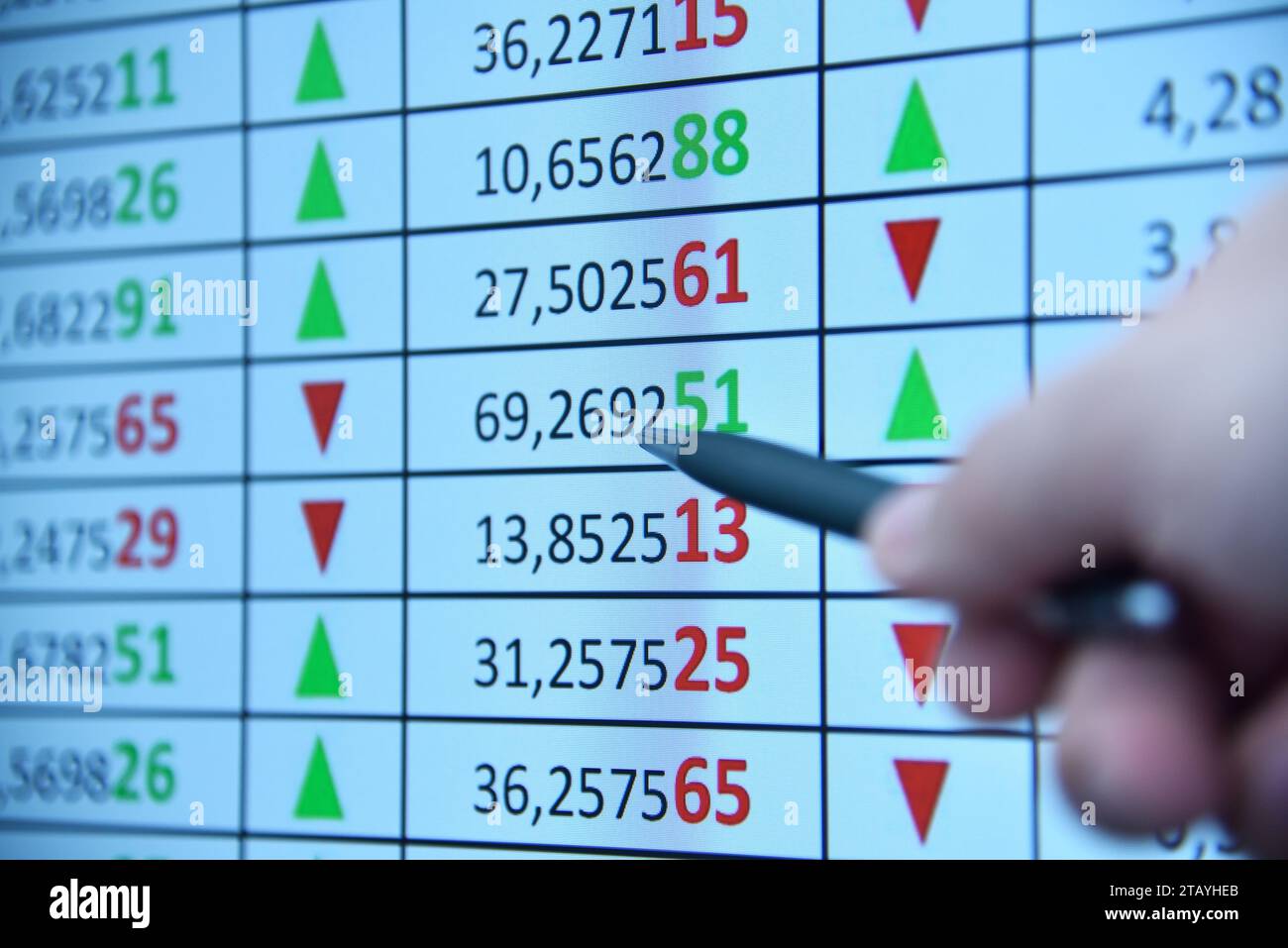 Trader hand with pen points to stock market numbers displayed on ...