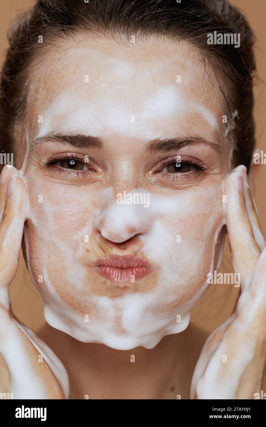Smiling modern female foaming hi-res stock photography and images - Alamy