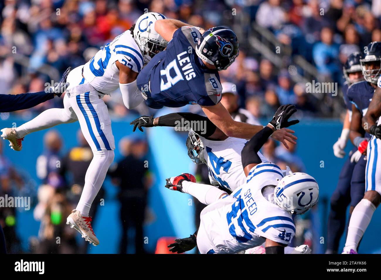 December 3, 2023: Tennessee Titans quarterback Will Levis (8) hurdles ...