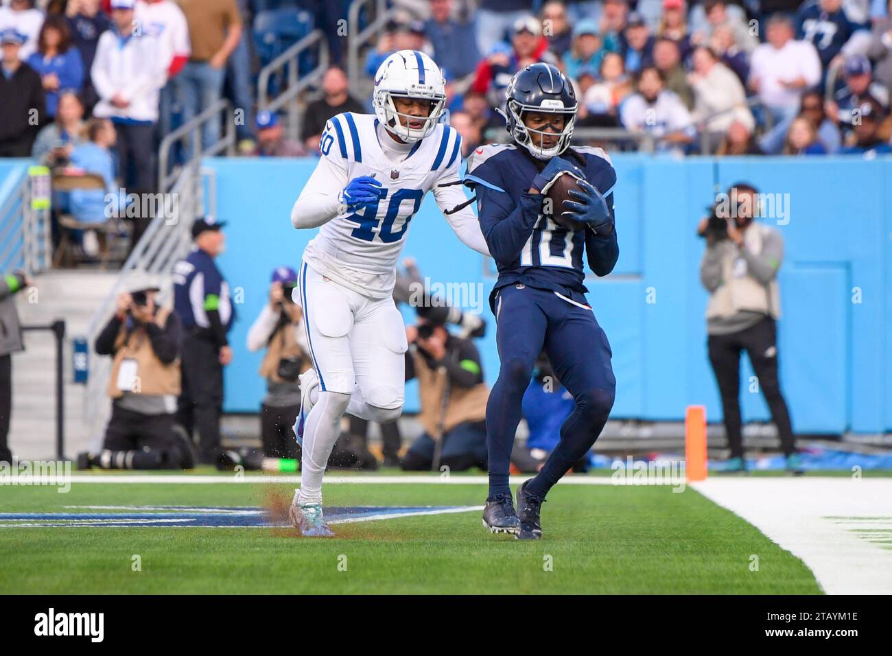 December 3, 2023: Tennessee Titans wide receiver DeAndre Hopkins (10) scores a touchdown against ...