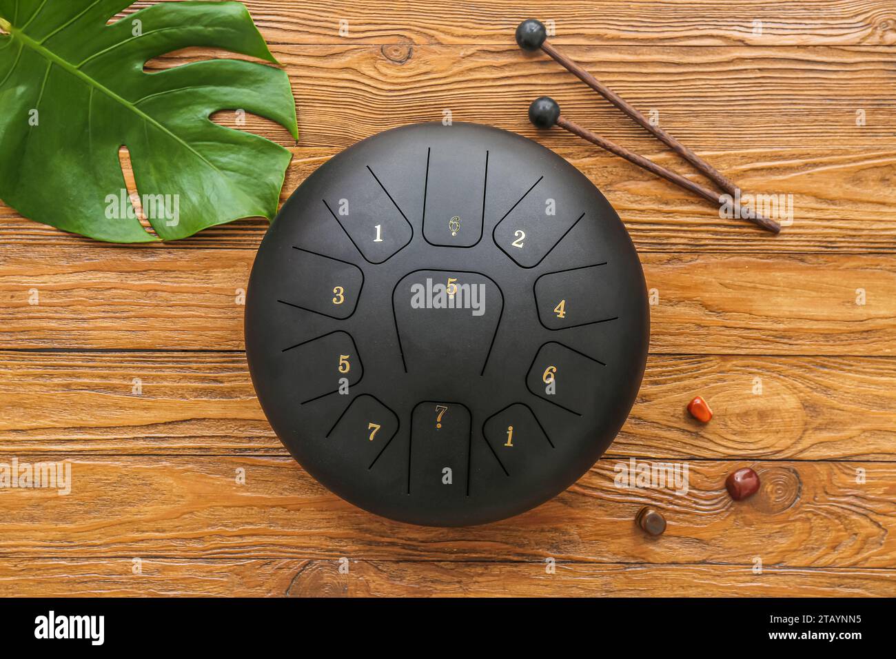 Glucophone with sticks, palm leaf and mineral stones on brown wooden ...