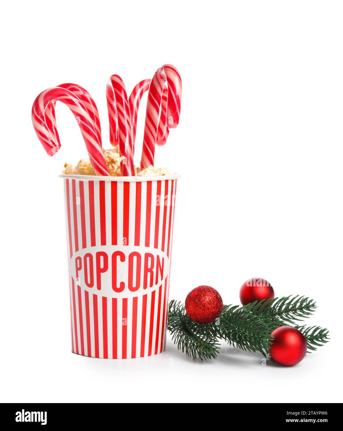 Bucket of popcorn with Christmas decor on white background Stock Photo ...