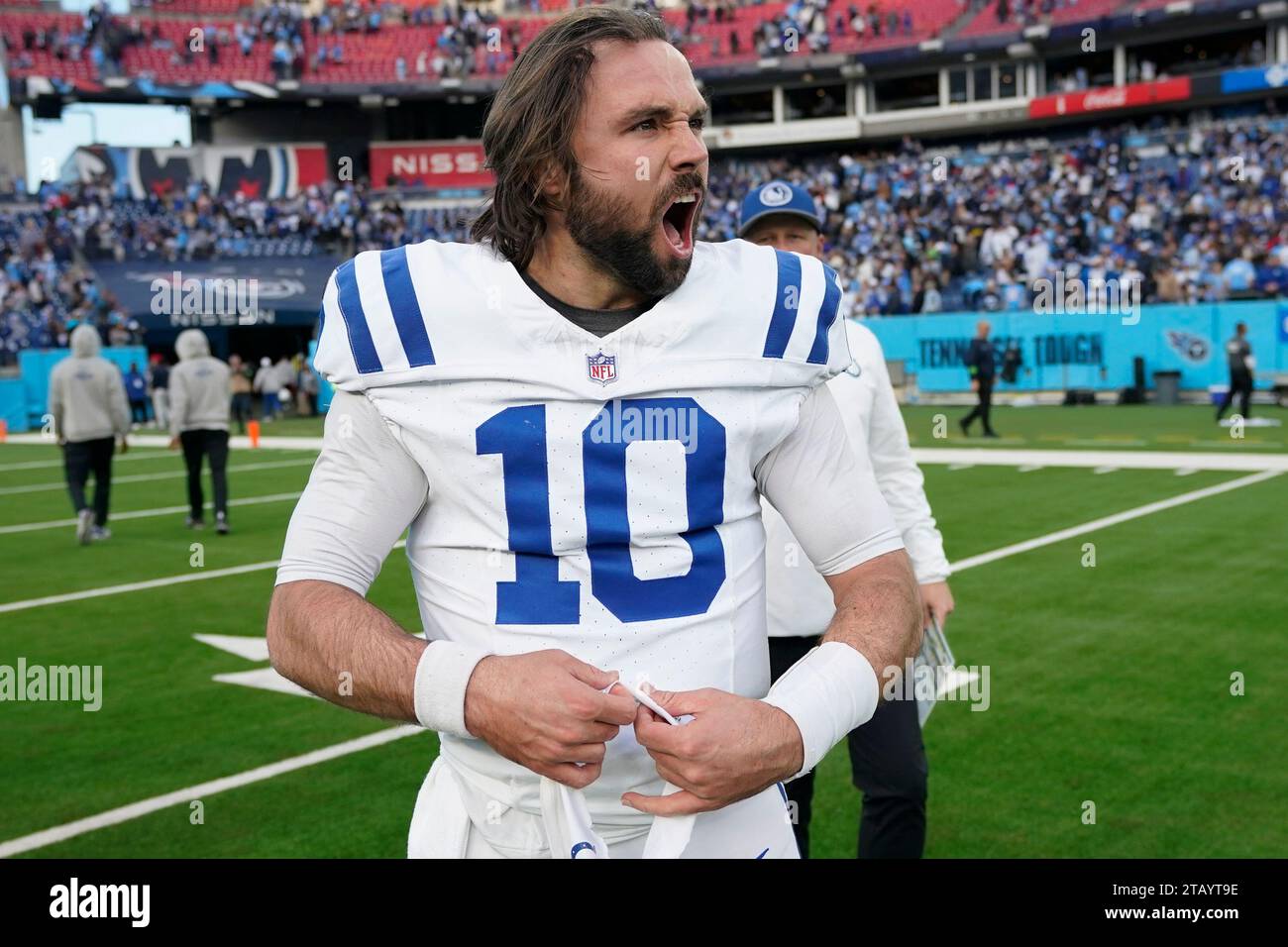 Indianapolis Colts quarterback Gardner Minshew (10) celebrates the ...