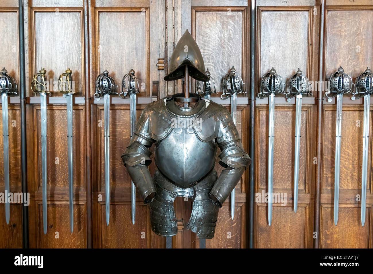 Armor and swords inside the Great Hall of Edinburgh Castle, against a ...